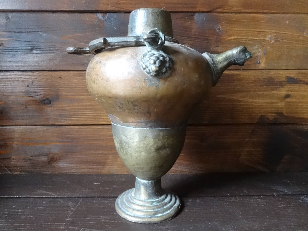 Antique French Copper and Brass Rustic Oil Pitcher Jug Jar Can Churn ...