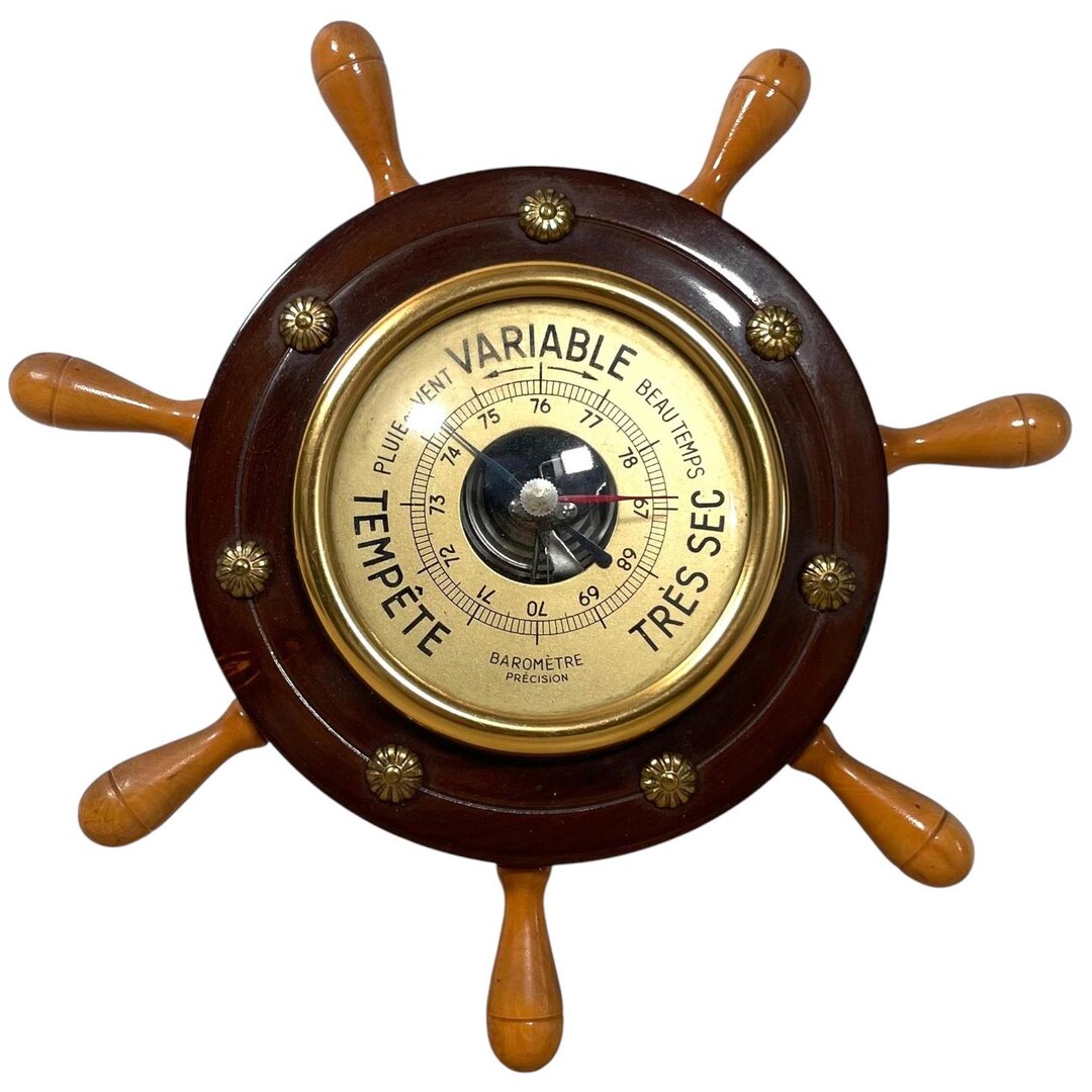 Vintage French Ships Wheel Shaped Metal Wood Barometer Barometre ...