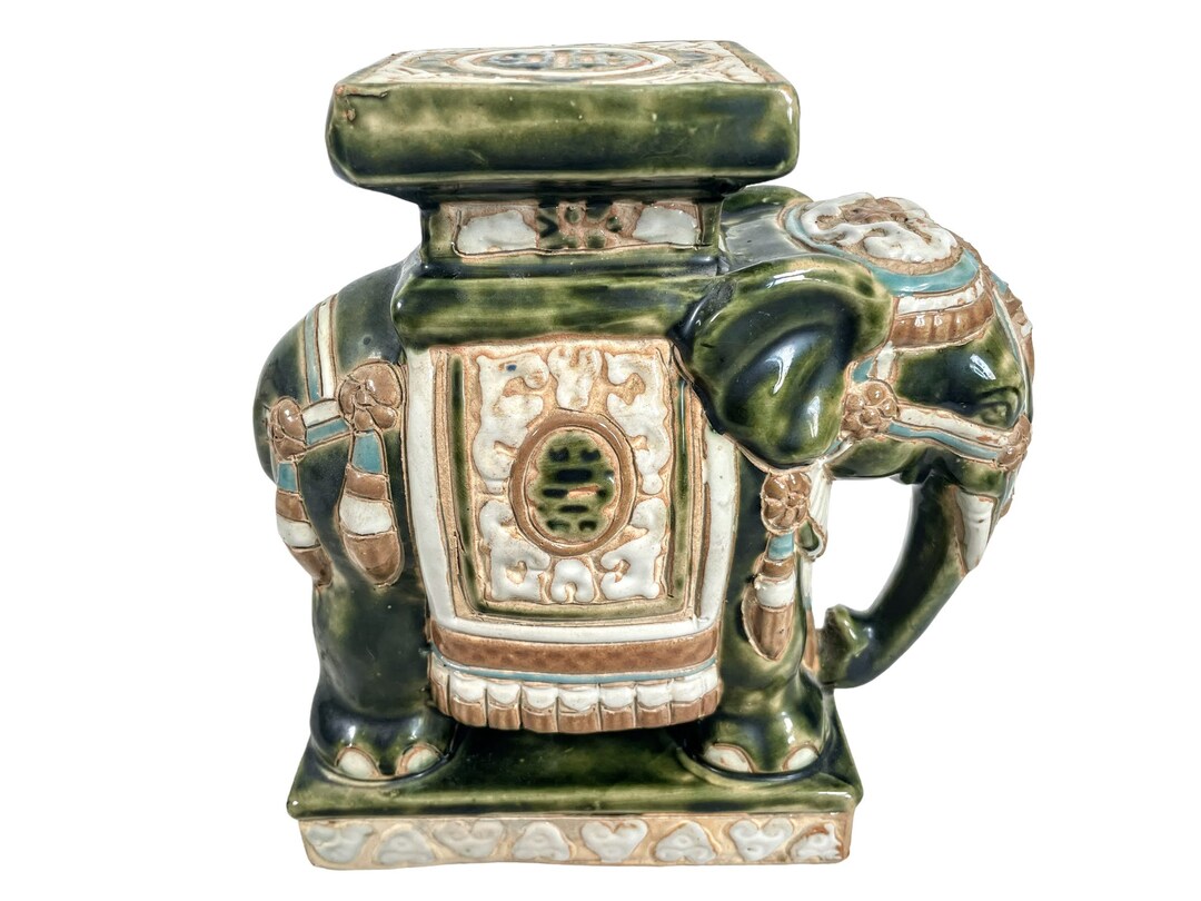 Vintage Chinese Elephant Ceramic Pot Stand Plinth Rest Brown Jade Green ...