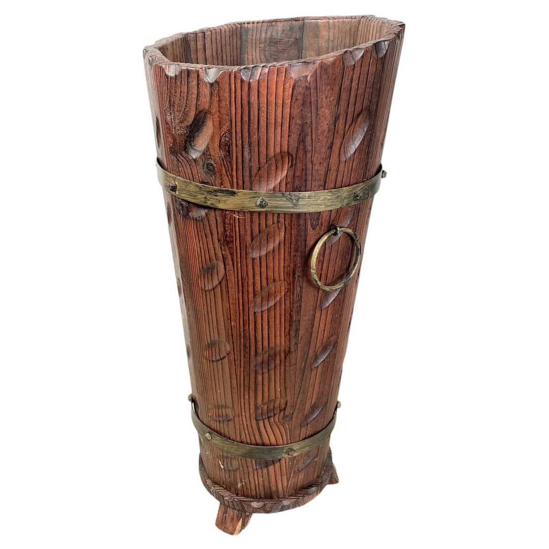 Vintage French Wood Umbrella Walking Stick Stand Storage Pot Container ...