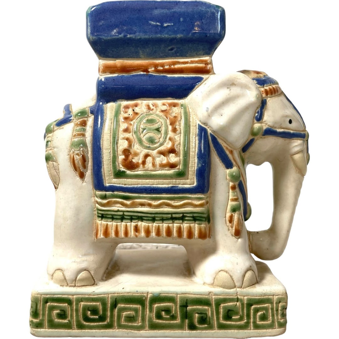 Vintage Small Chinese Elephant Ceramic Pot Stand Plinth Rest White Blue ...