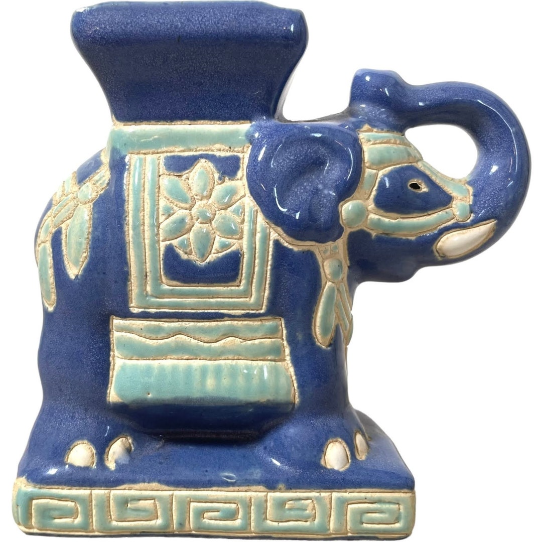 Vintage Small Chinese Elephant Ceramic Pot Stand Plinth Rest Blue Green ...