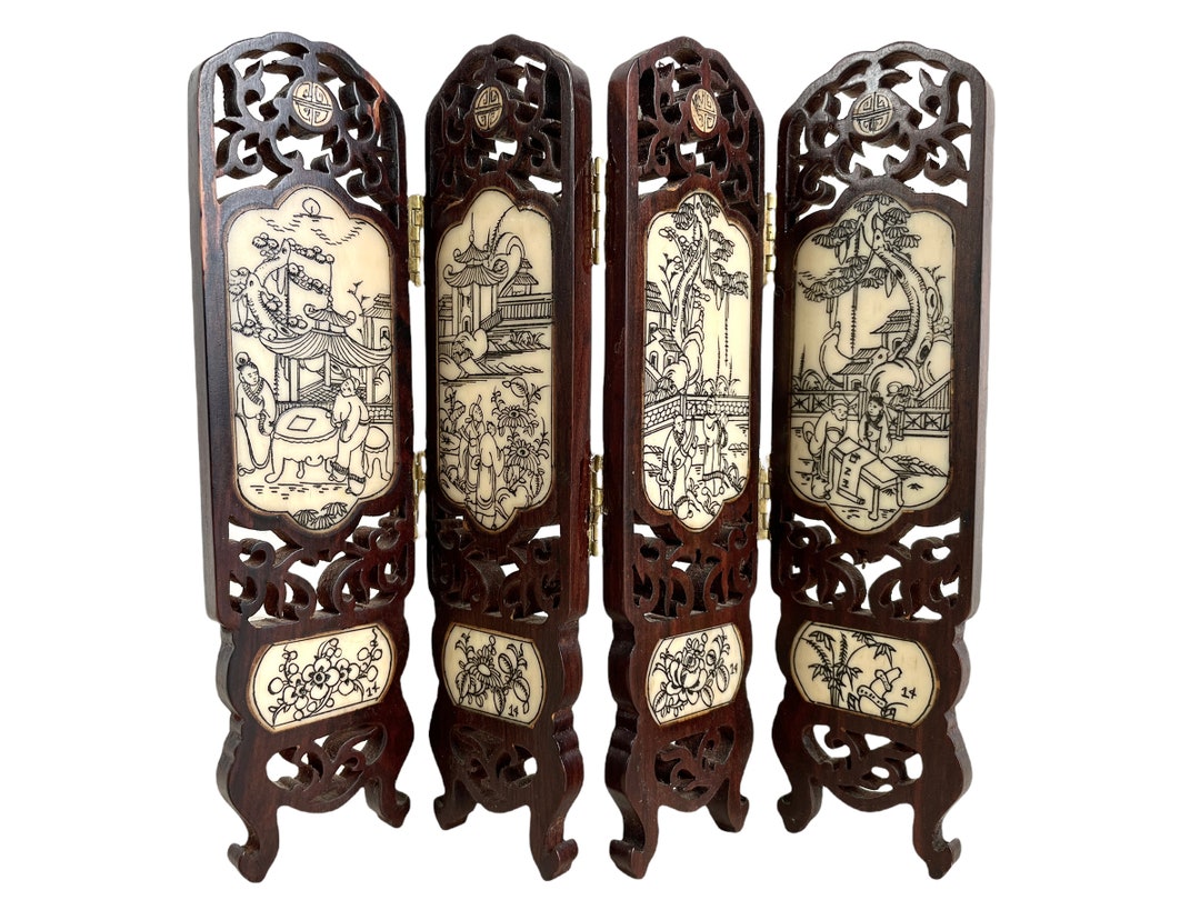 Vintage Chinese Mini Ornament Paravan Divider Carved Wood Ornament ...