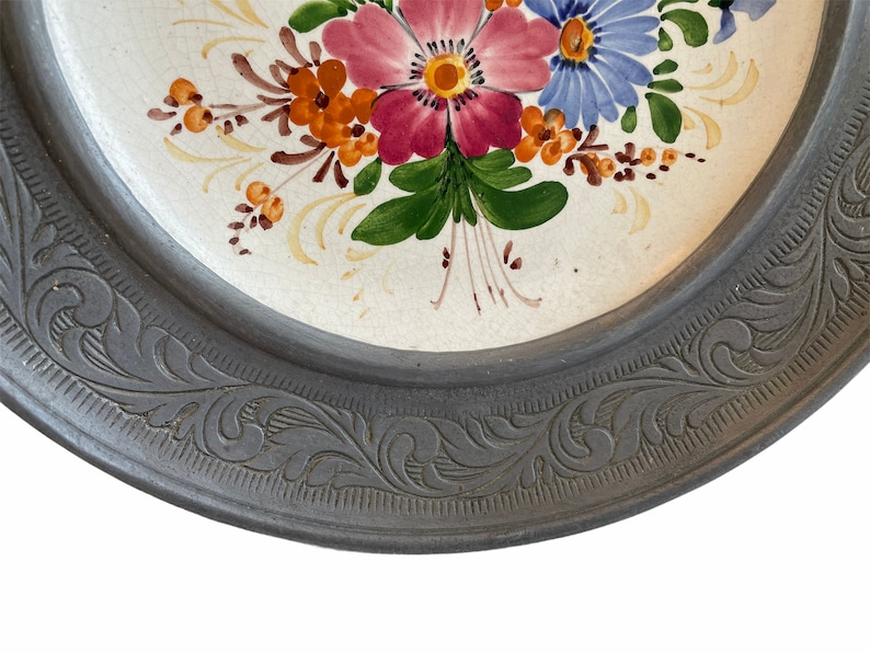 Vintage French Heavy Plate With Pewter Surround Hand Painted | Etsy