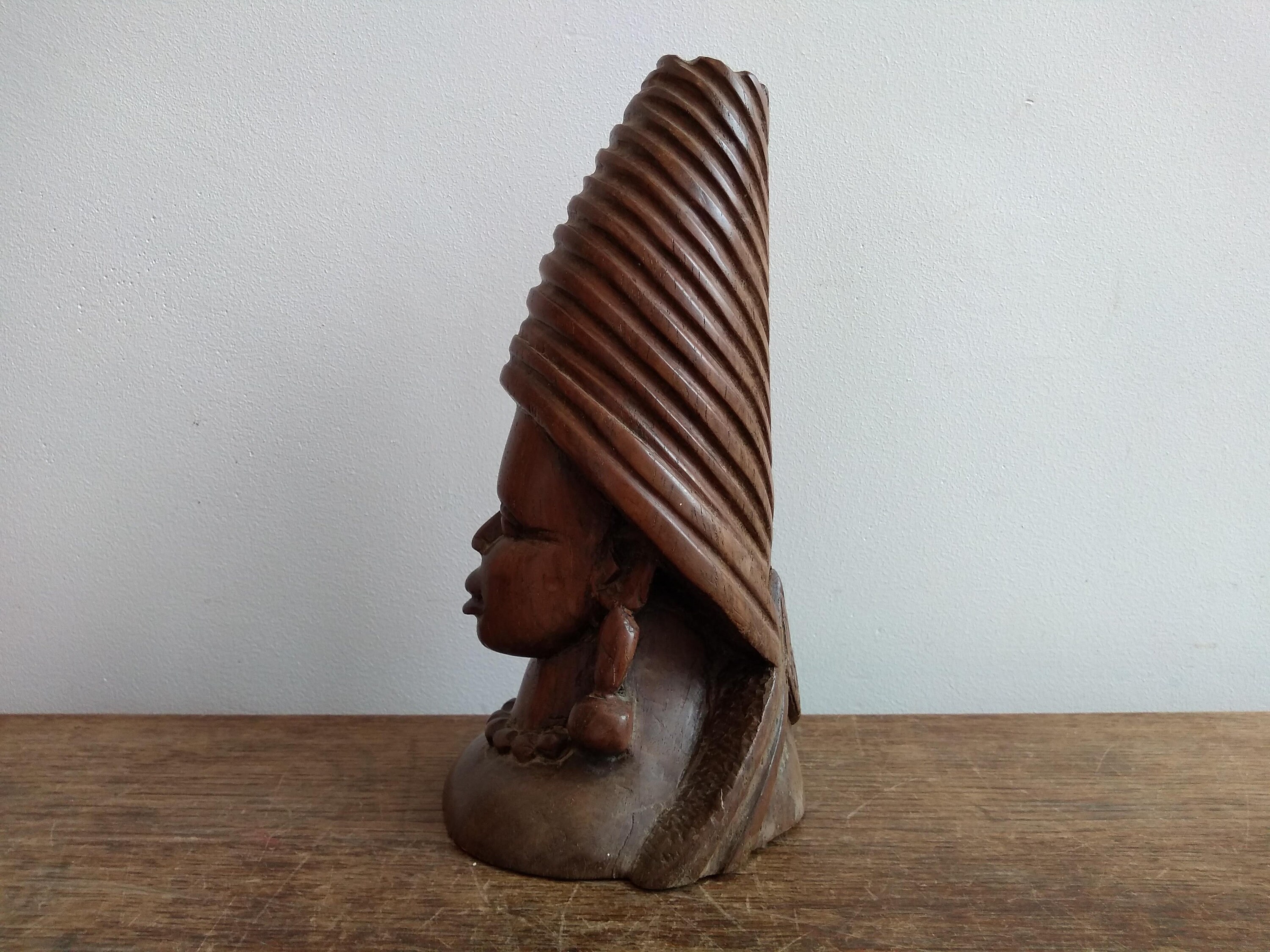 Vintage African Wood Wooden Woman Female Lady Hat Bust Idol Statue ...