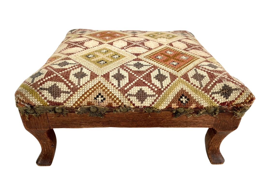 Vintage French Stool Cushioned Cross Stitch Small Wooden Wood Side ...