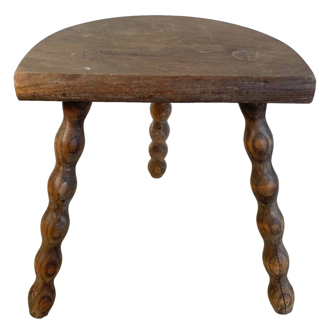 Vintage French Wooden Bobbin Leg Milking Stool Chair Seat Table Farm D ...
