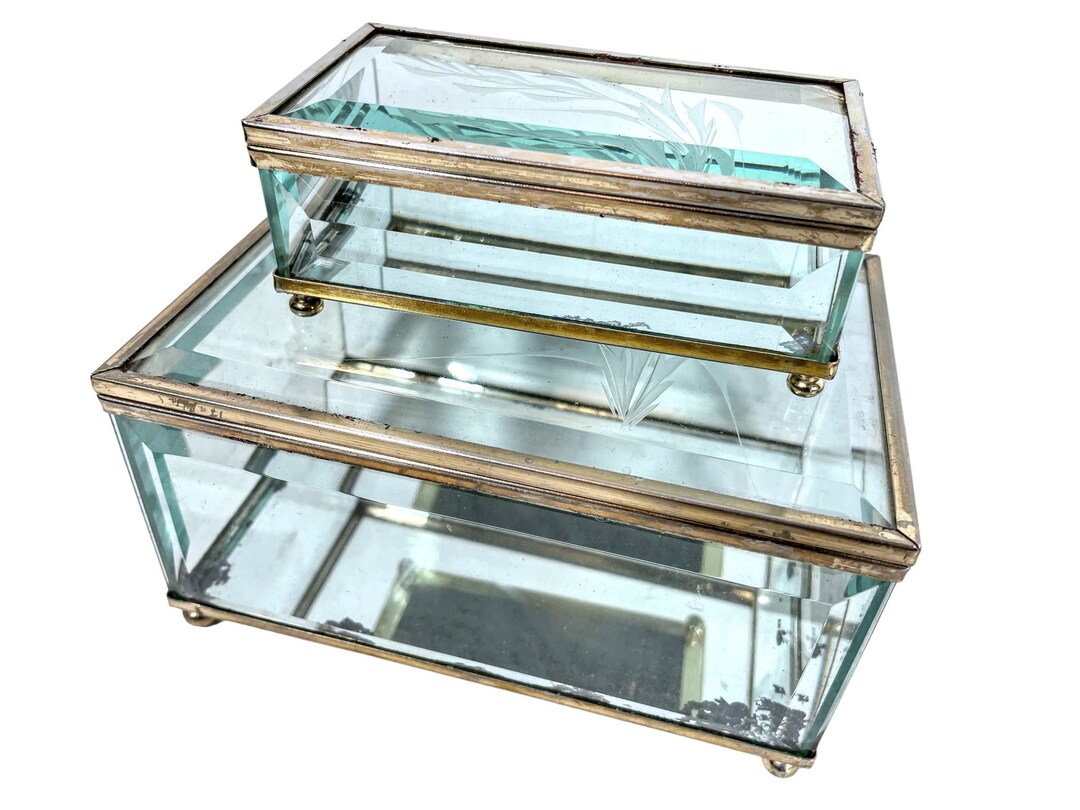 Vintage French Heavy Glass Box Boxes Pair Jewellery Display Jewelry ...