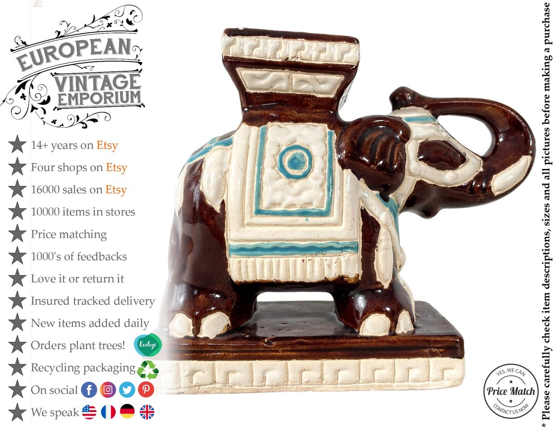 Vintage Chinese Small Ceramic Elephant Pot Stand Plinth Rest Beige Blue ...