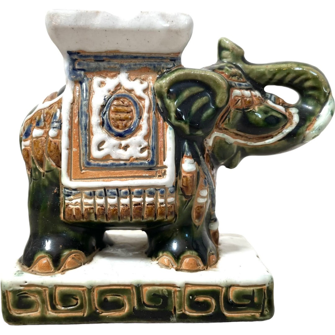 Vintage Small Chinese Elephant Ceramic Pot Stand Plinth Rest Green ...