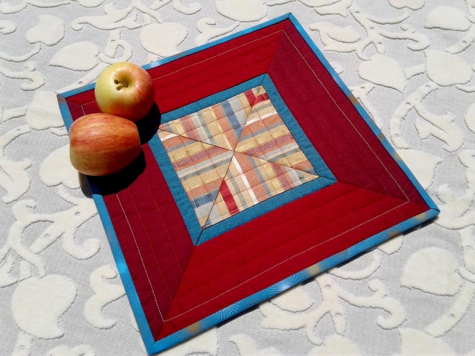 Red Patchwork Candle Mat Red and Teal Patchwork Table Square - Etsy