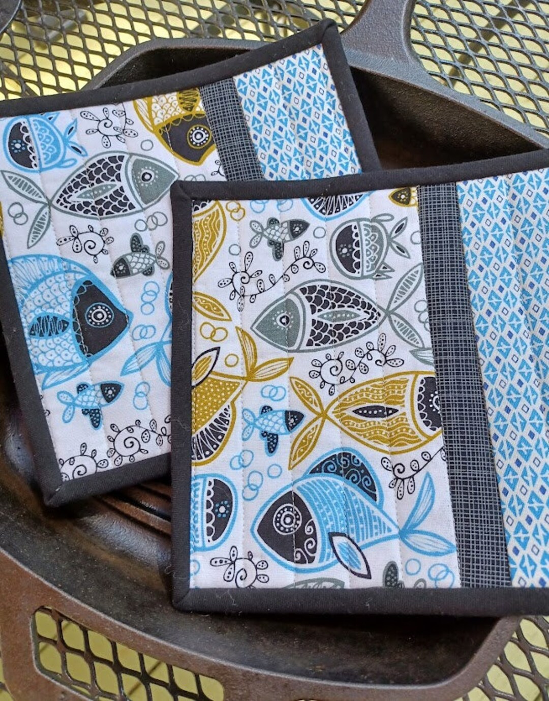 Blue and Green Fish Pattern Pot Holders - Set of Two, Quilted Pot ...