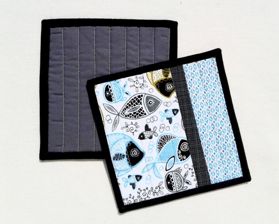 Blue and Green Fish Pattern Pot Holders Set of Two, Quilted Pot Holders ...