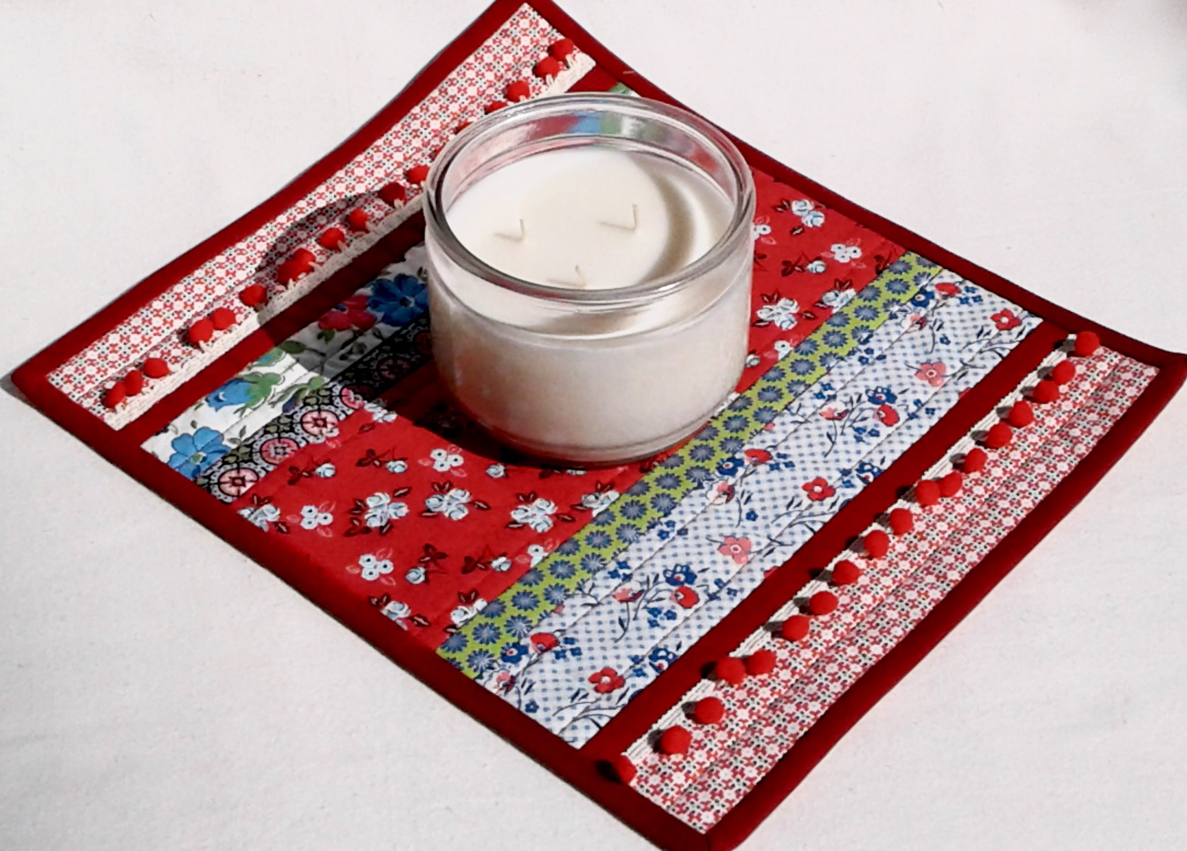 Cheery Red Patchwork Table Topper, Flower Print Candle Mat, Country ...
