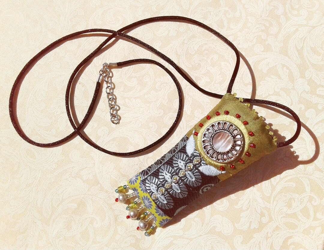 Embroidered Daisy Textile Art Necklace, Indigo Fabric Amulet, Handmade ...