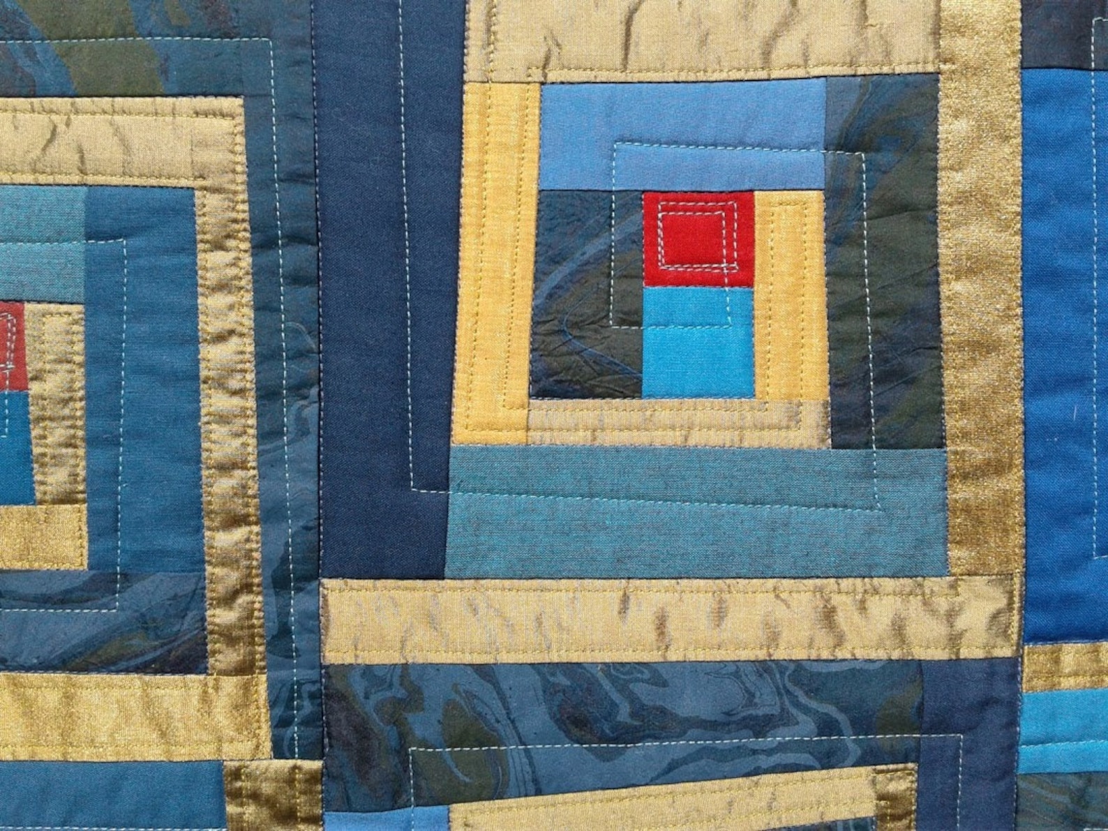 Modern Blue and Gold Art Quilt, Fiber Art Wall Hanging, Mini Wall Quilt ...
