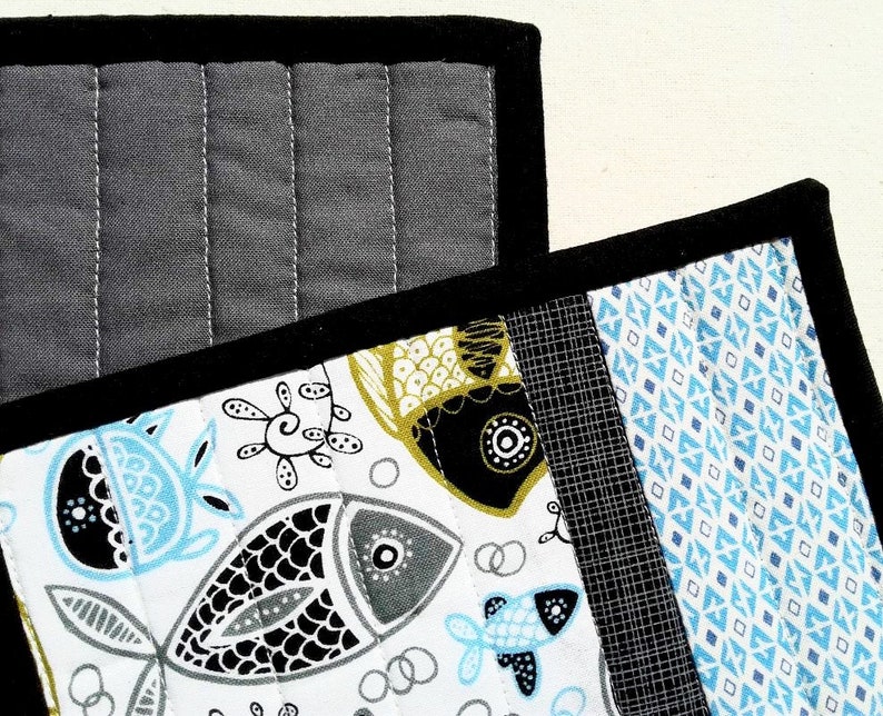 Blue and Green Fish Pattern Pot Holders Set of Two, Quilted Pot Holders ...