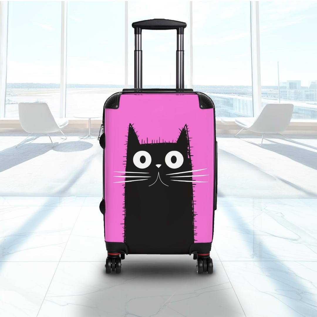 Black Cat Pink Suitcase, Cute Cartoon Cat Luggage, Carry on Case, Cabin ...