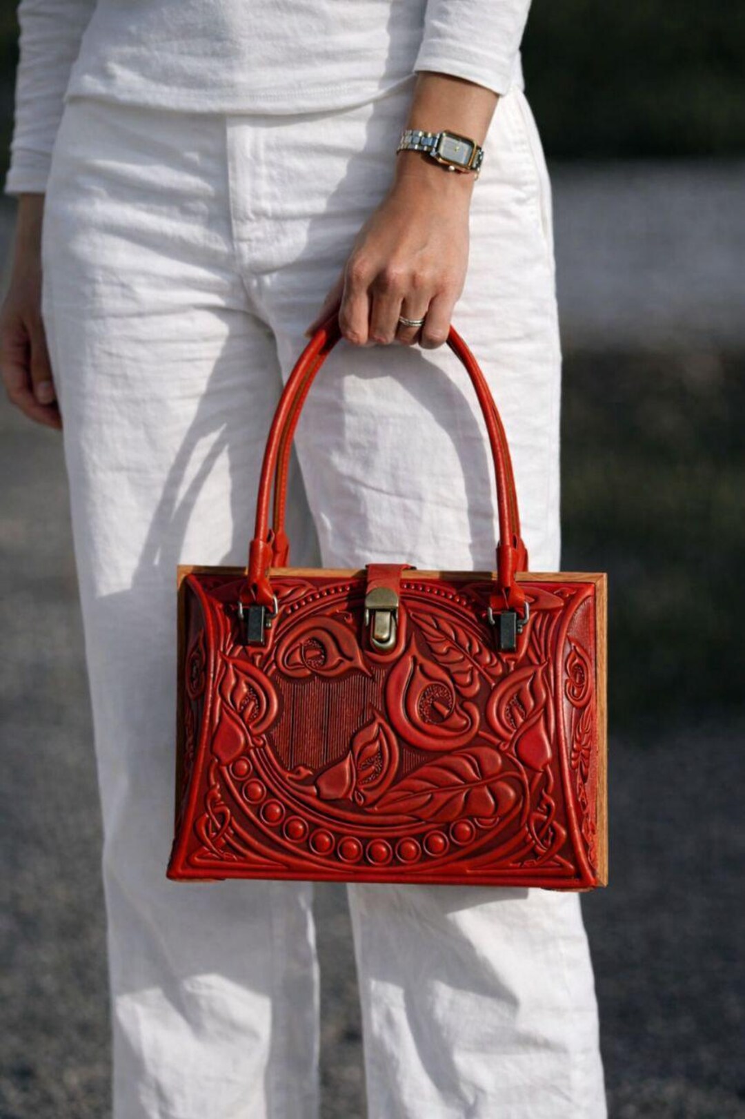 Red Leather Purse Top Handle Bag, Tote Bag: Evening Handbag Gifts for ...