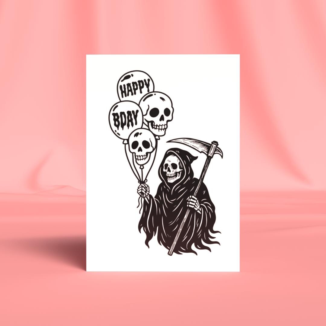 Grim Reaper Birthday Card - Funny Dark Humour Card - Skull Balloons ...