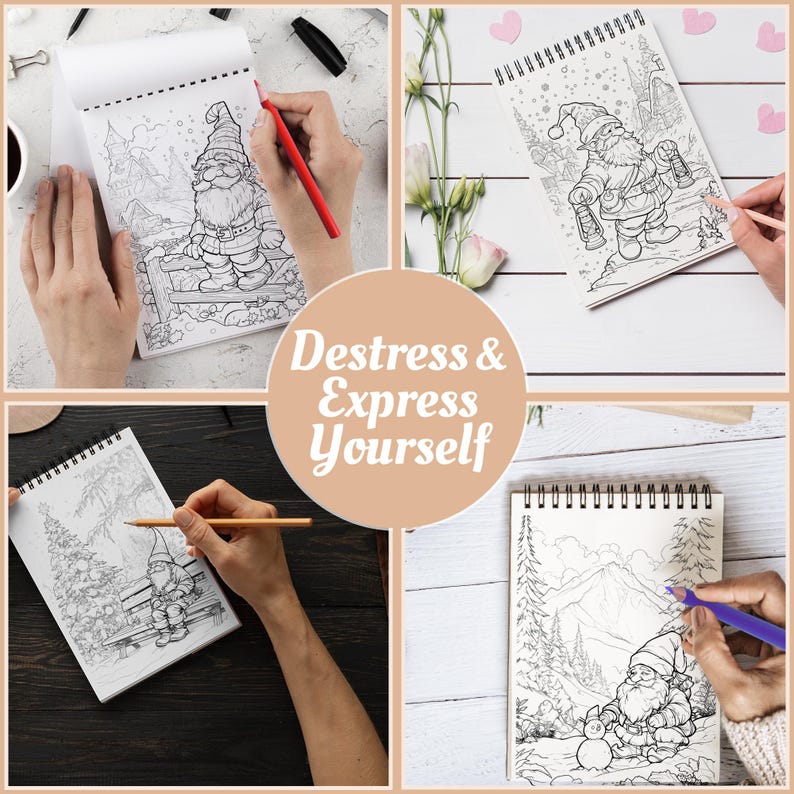 Christmas Gnomes Coloring Book for Adults – A5 Wooden Hardcover, 30 ...
