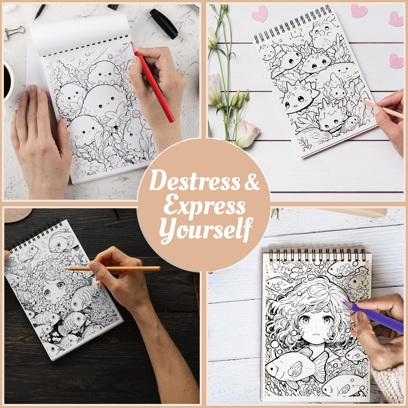 Pop Manga Sea Creatures Coloring Book for Adults – A5 Wooden Hardcover ...