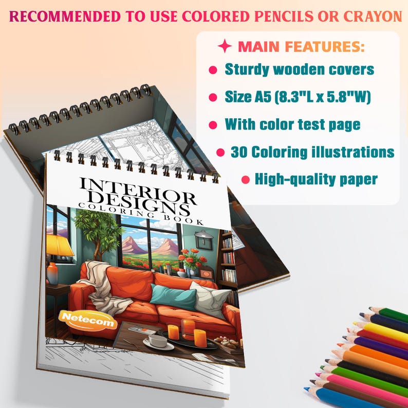 Interior Design Coloring Book for Adults – A5 Wooden Hardcover, A4 ...