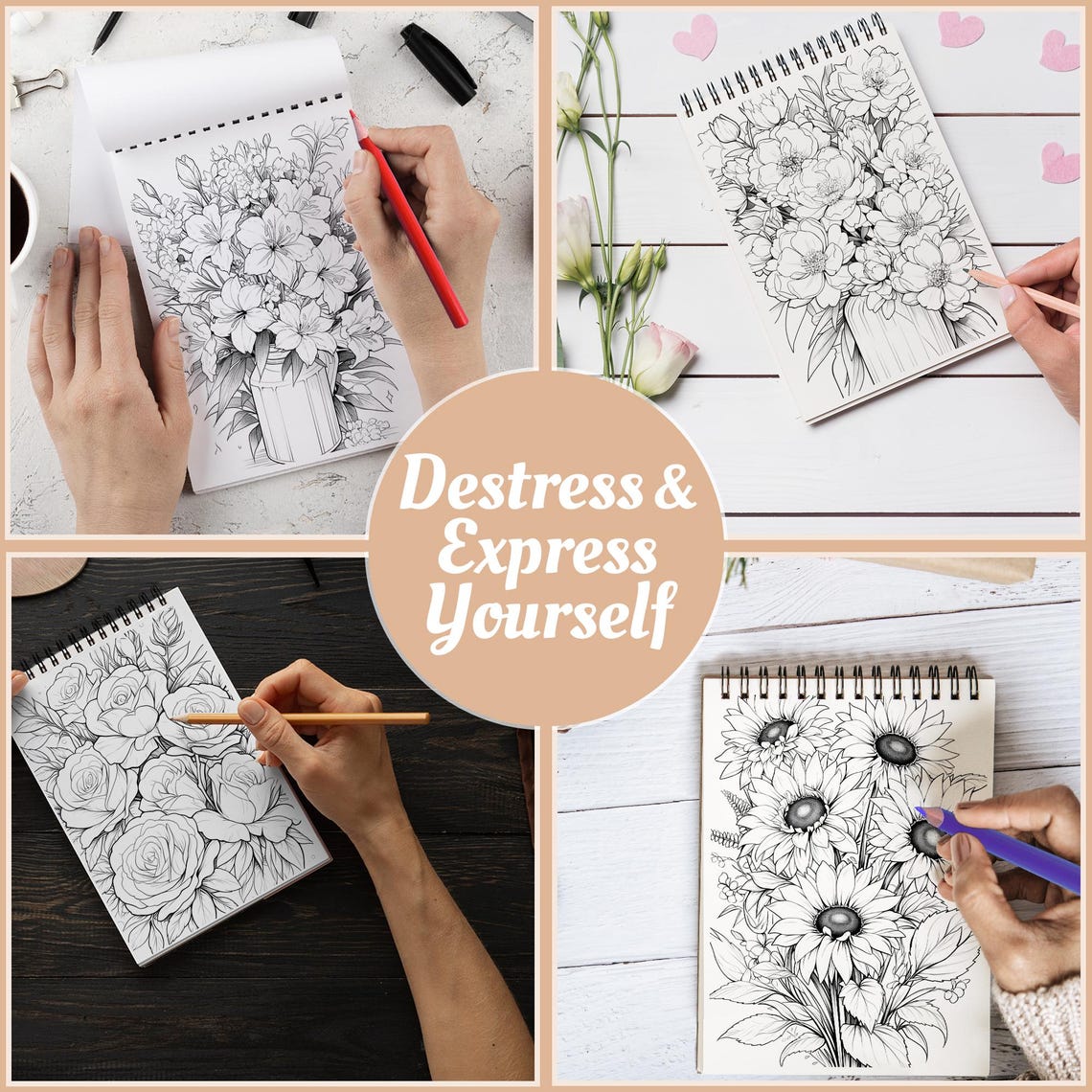 Calming Flowers Coloring Book for Adults – A5 Wooden Hardcover, A4 ...