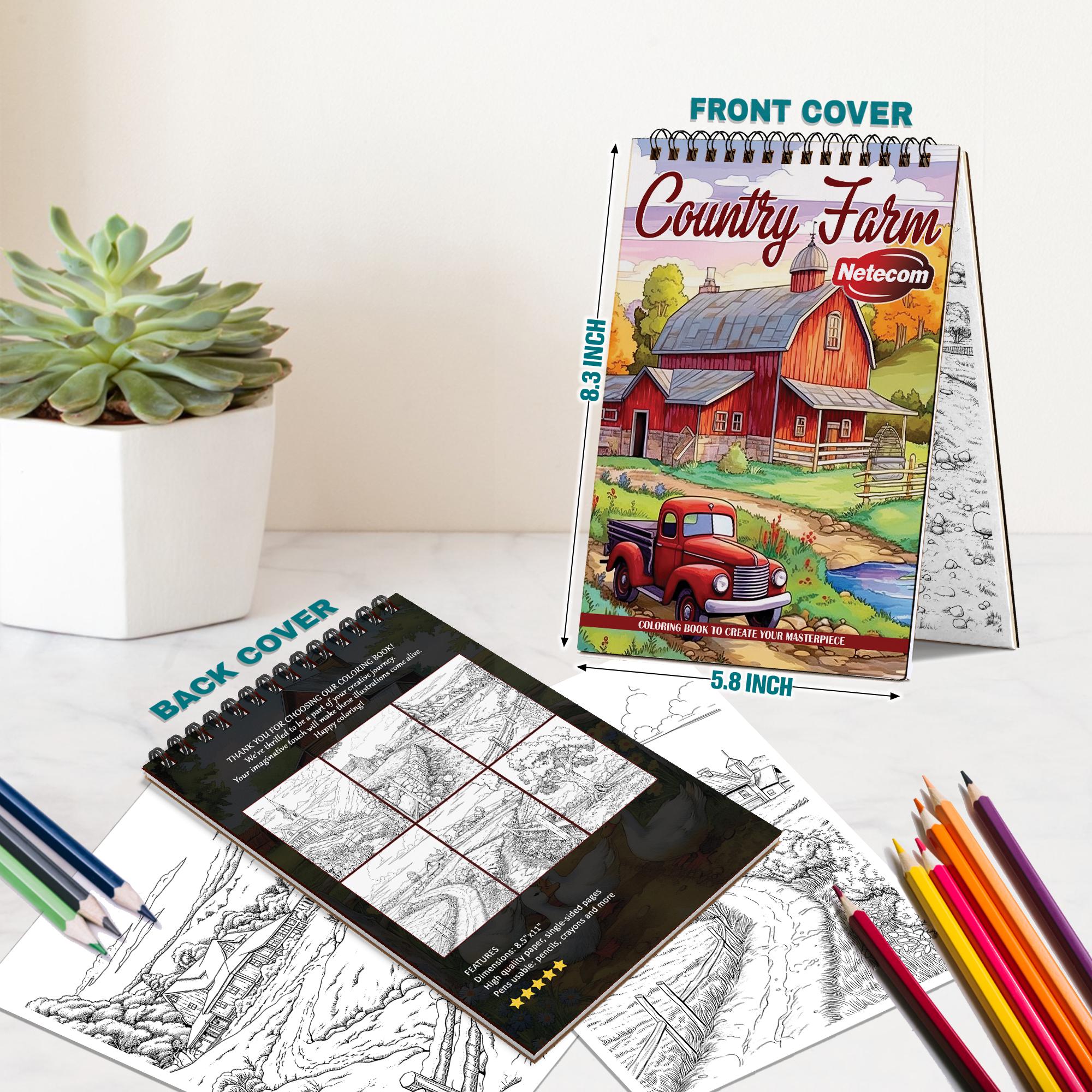 Country Farm Coloring Book for Adults – A5 Wooden Hardcover, 30 Rustic ...