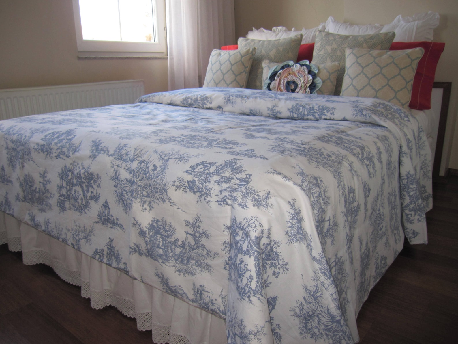 Toile Duvet Cover. French Country Toile Bedding. Floral Print Navy Blue ...