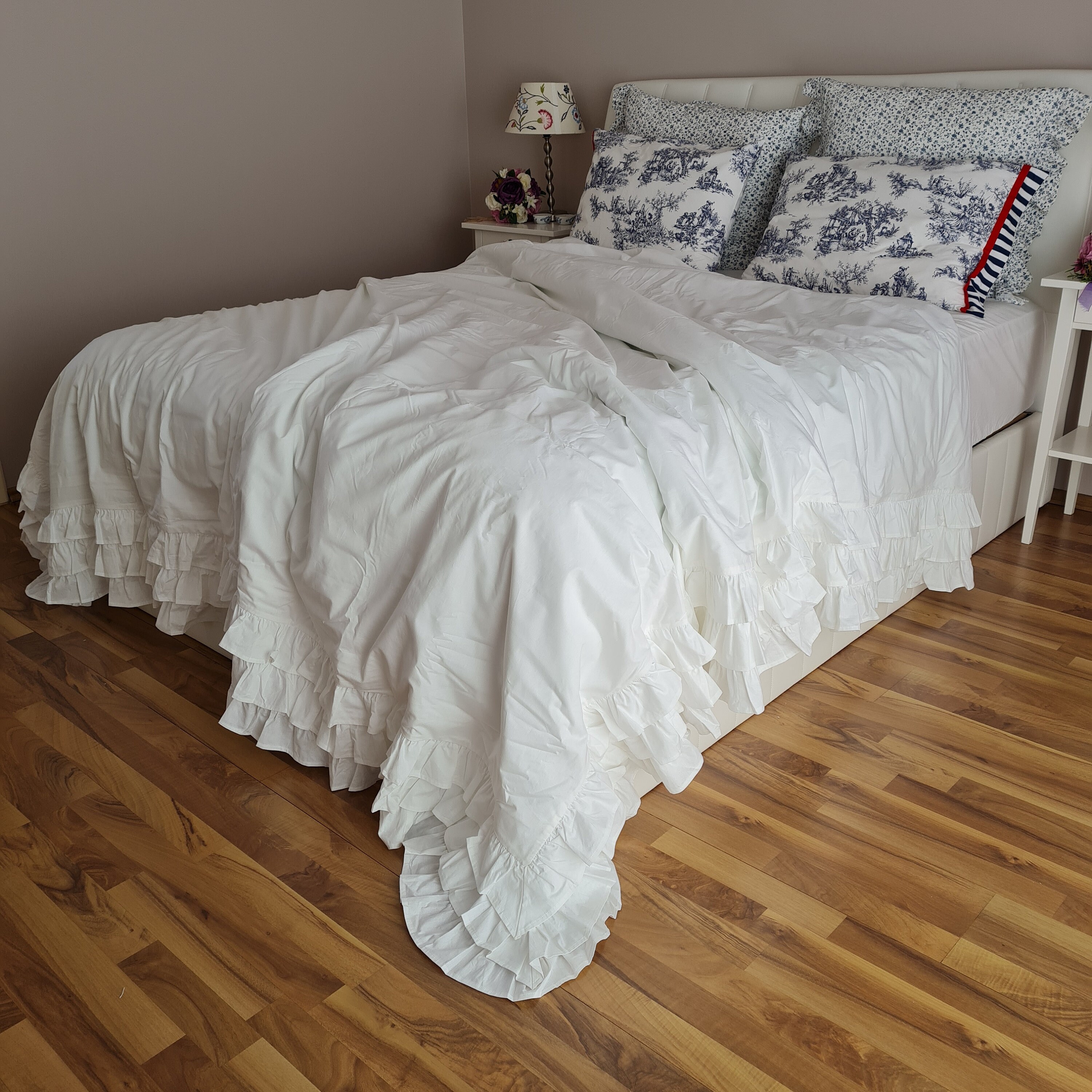 Full Queen King Ruffle Duvet Cover- White Ivory Cotton 3 Rows Tiered ...