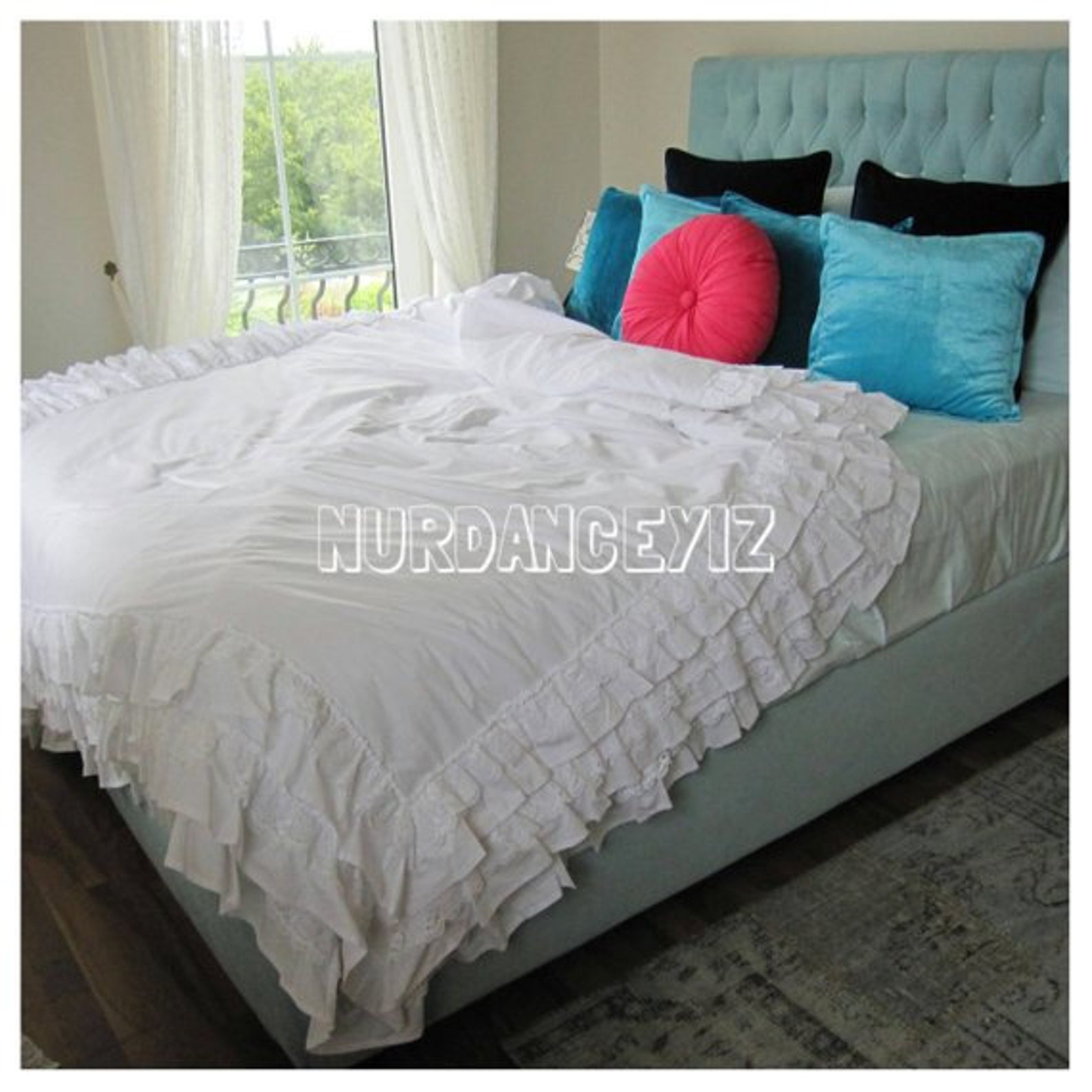 Full Queen King Ruffle Duvet Cover White Ivory 3 Rows Cotton | Etsy