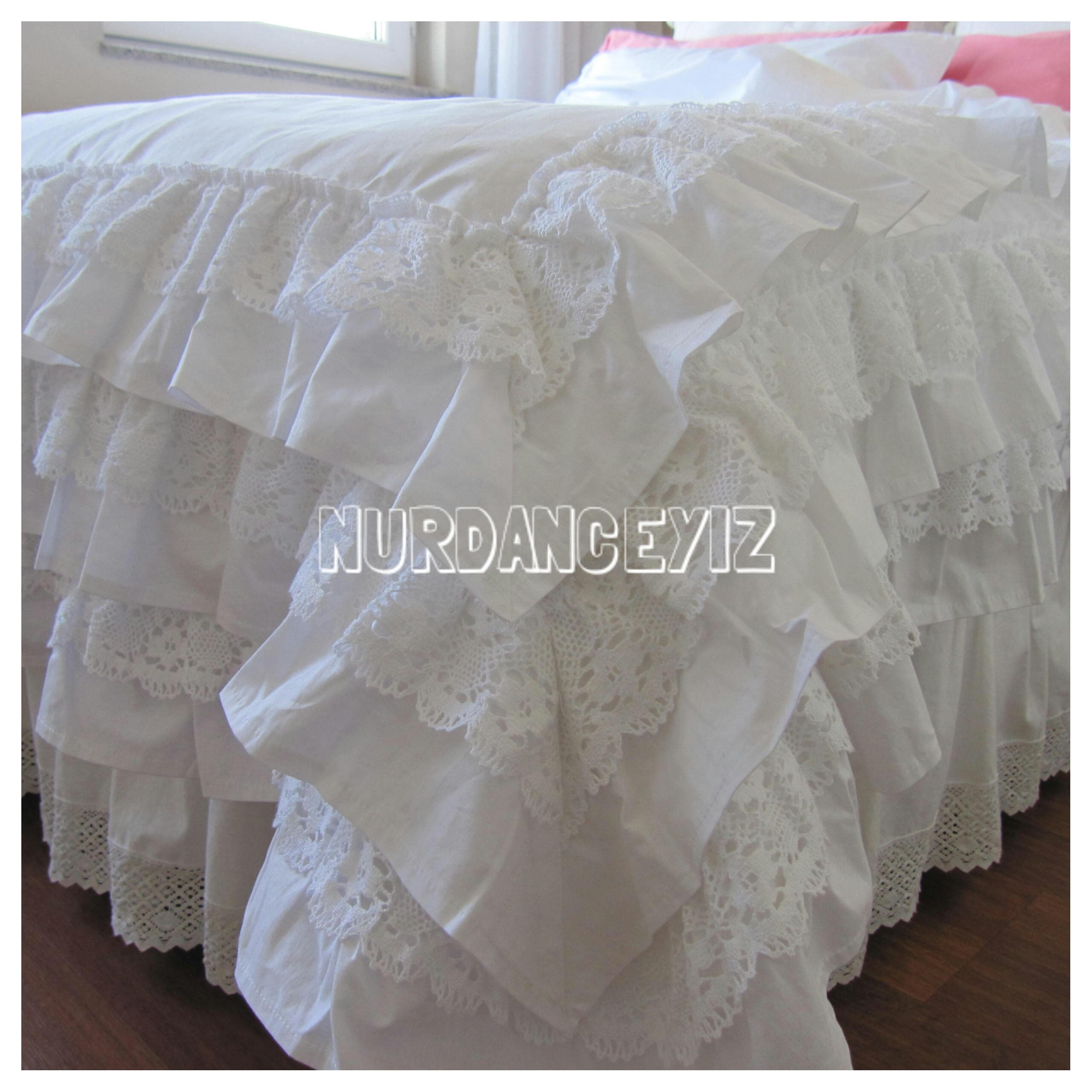 Full Queen King Ruffle Duvet Cover White Ivory 3 Rows Cotton - Etsy