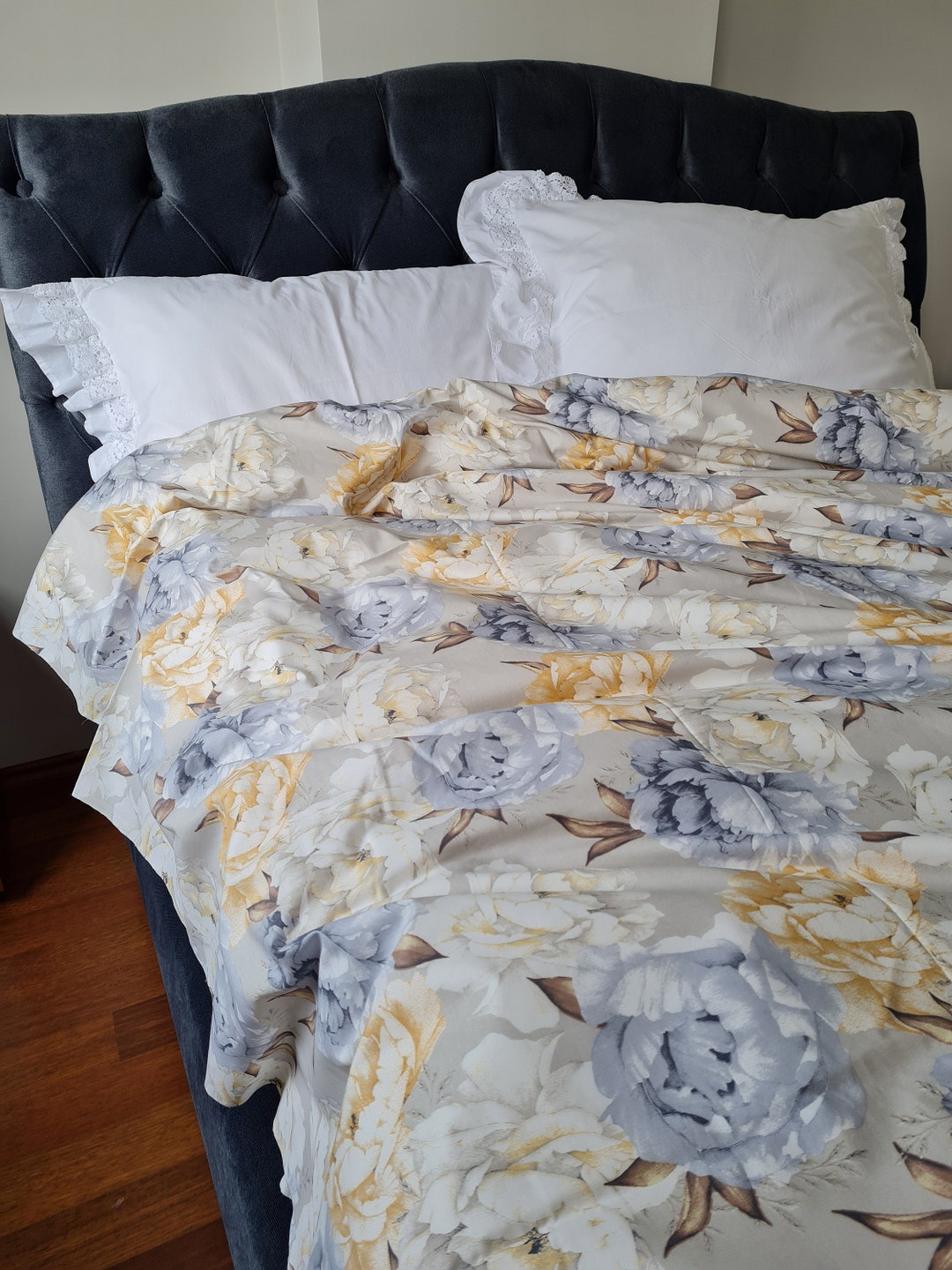 Pastel Blue Yellow Gray Floral Bedding.oversized Queen Duvet Cover ...