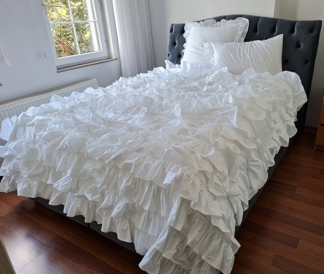 White Ruffle Bedding-duvet Cover Waterfall Ruffled Bedding- Twin Full ...