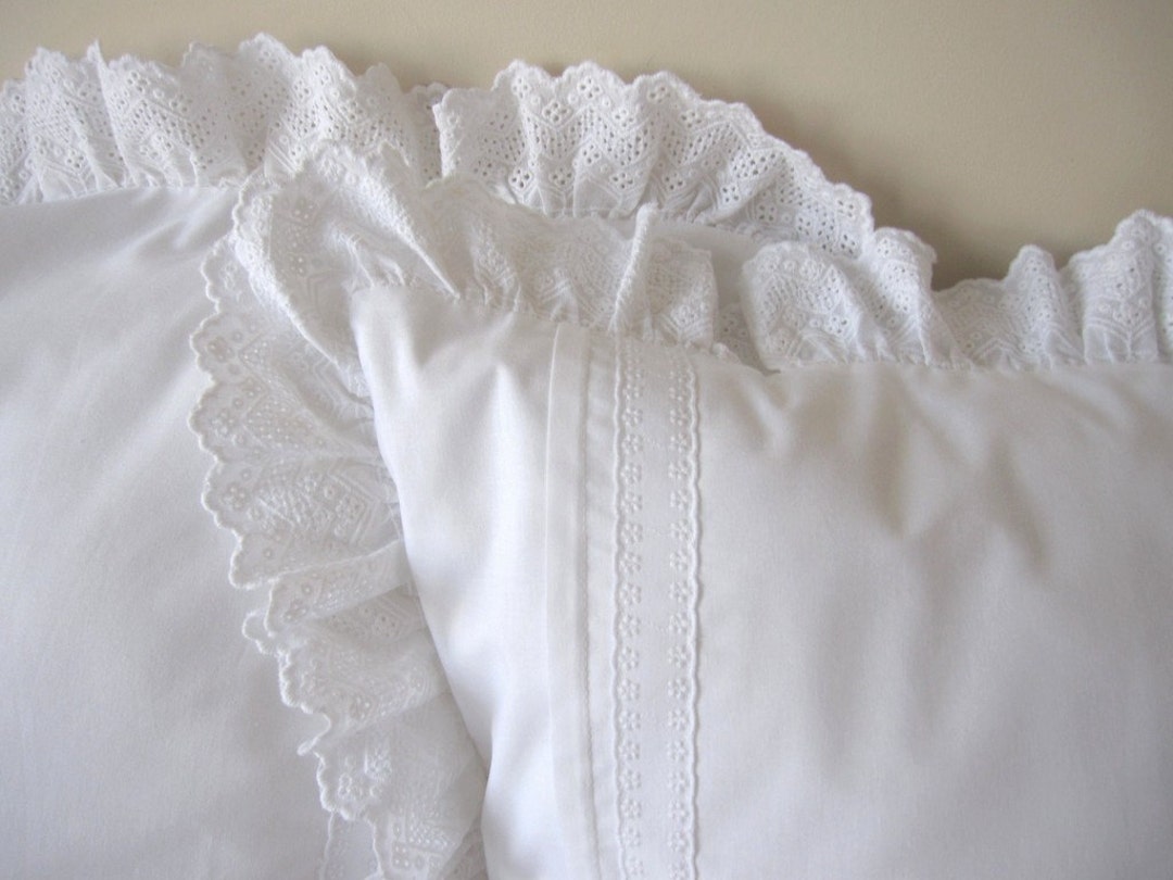 White Ruffle Euro Sham, Cotton Eyelet Lace Pillow Cover (26x26 Inch ...
