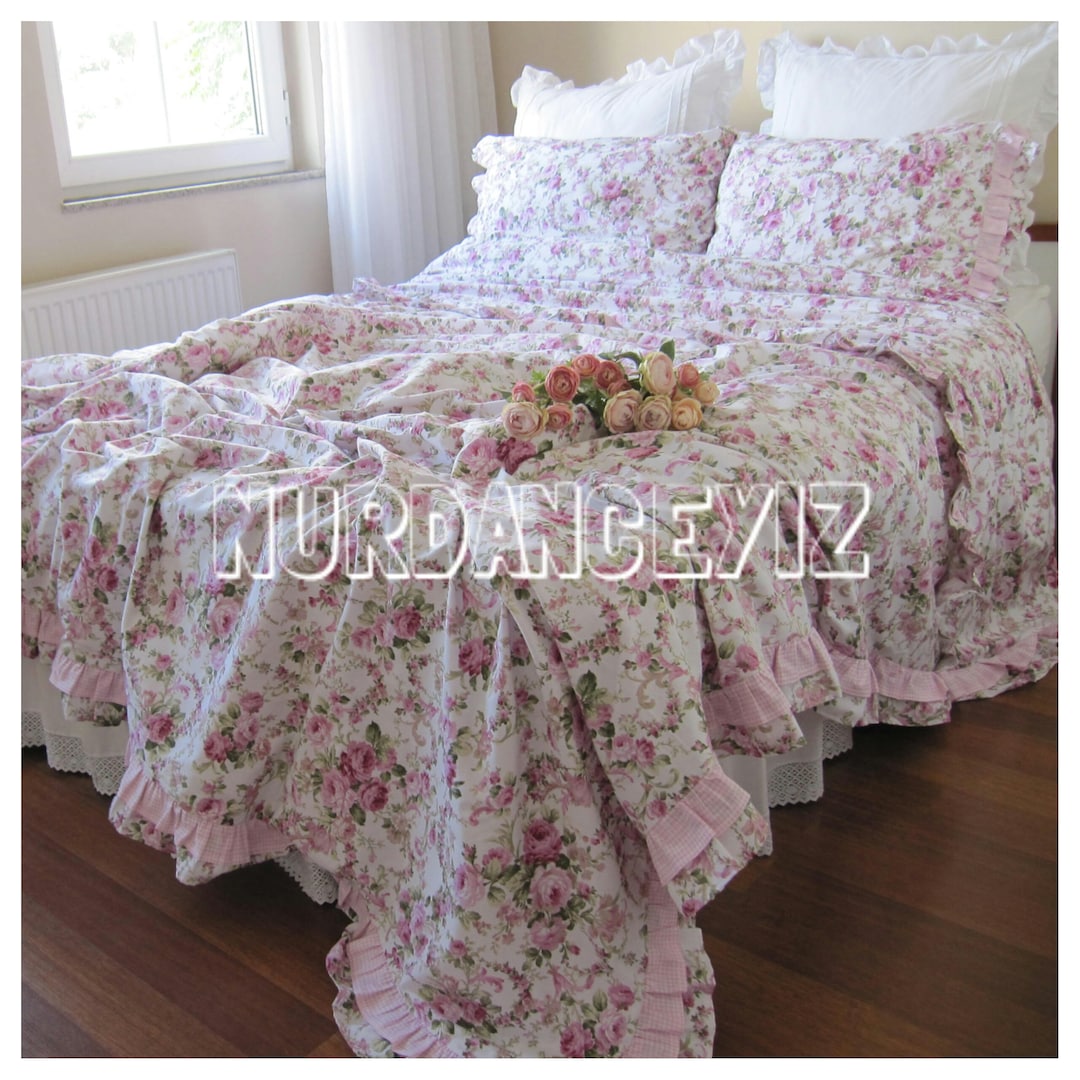 Shabby Chic Bedding Red Green Pink Roses Floral Print Twin/full/queen ...