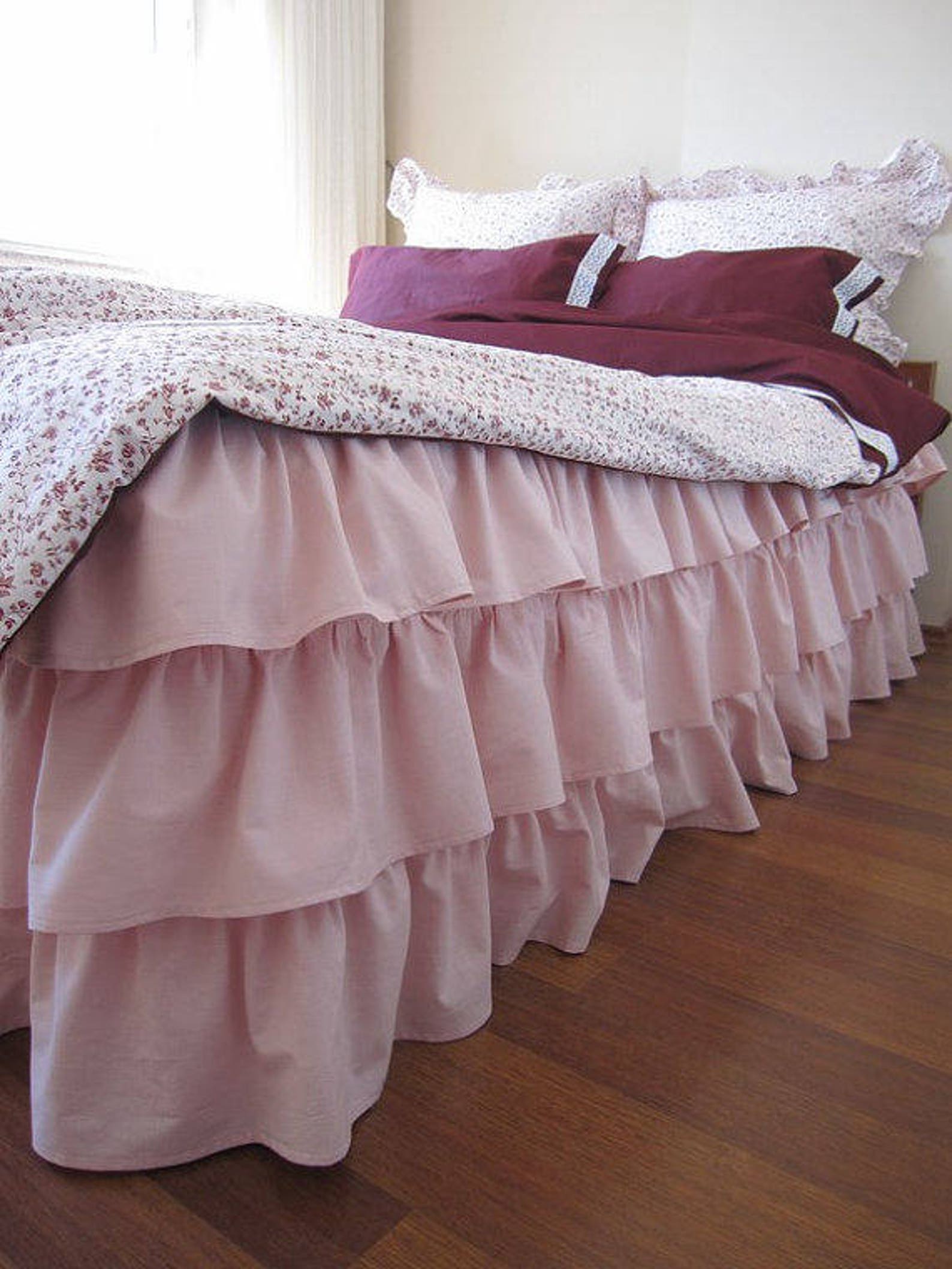 Queen King Linen 3 Tier Ruffle Bed Skirt, Dust Ruffle, Shabby Chic ...