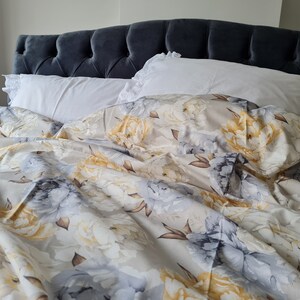 Pastel Blue Yellow Gray Floral Bedding.oversized Queen Duvet Cover ...