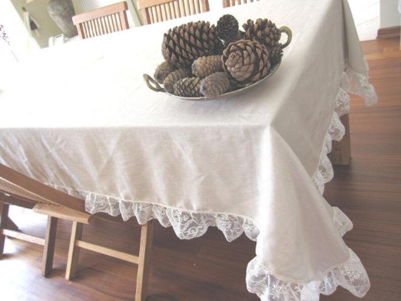 Linen tablecloth lace ruffle edge 104 120 144 oval rectangle | Etsy