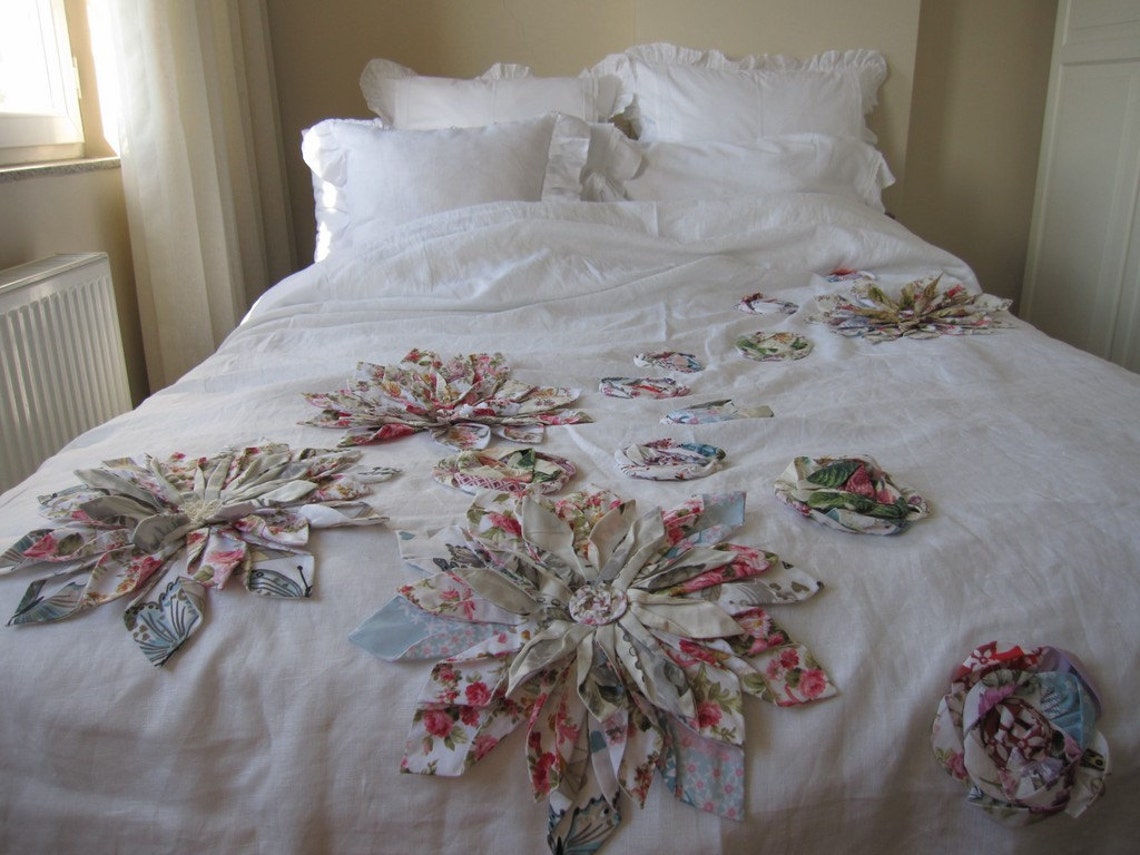 Shabby Chic Bedding- Linen Bed Cover Mandala Inspired Lotus Rose Dahlia ...