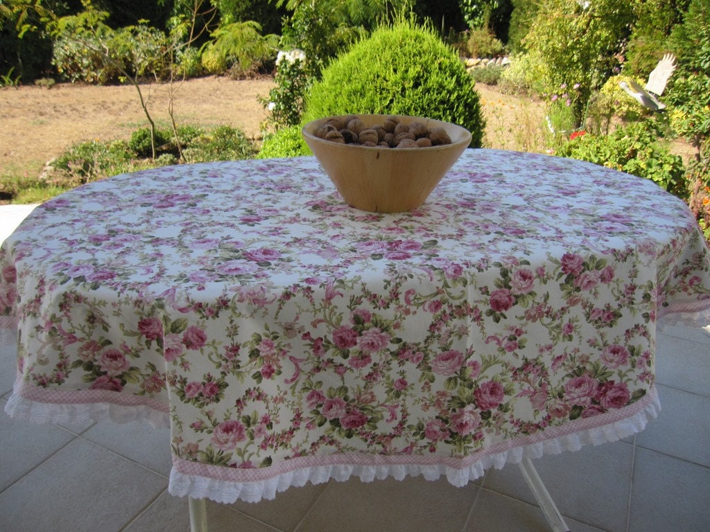 Shabby chic pink floral round tablecloth Duck linen pink | Etsy