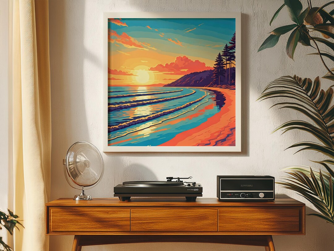 Colorful Sunset Beach Print, Coastal Landscape Illustration (digital ...