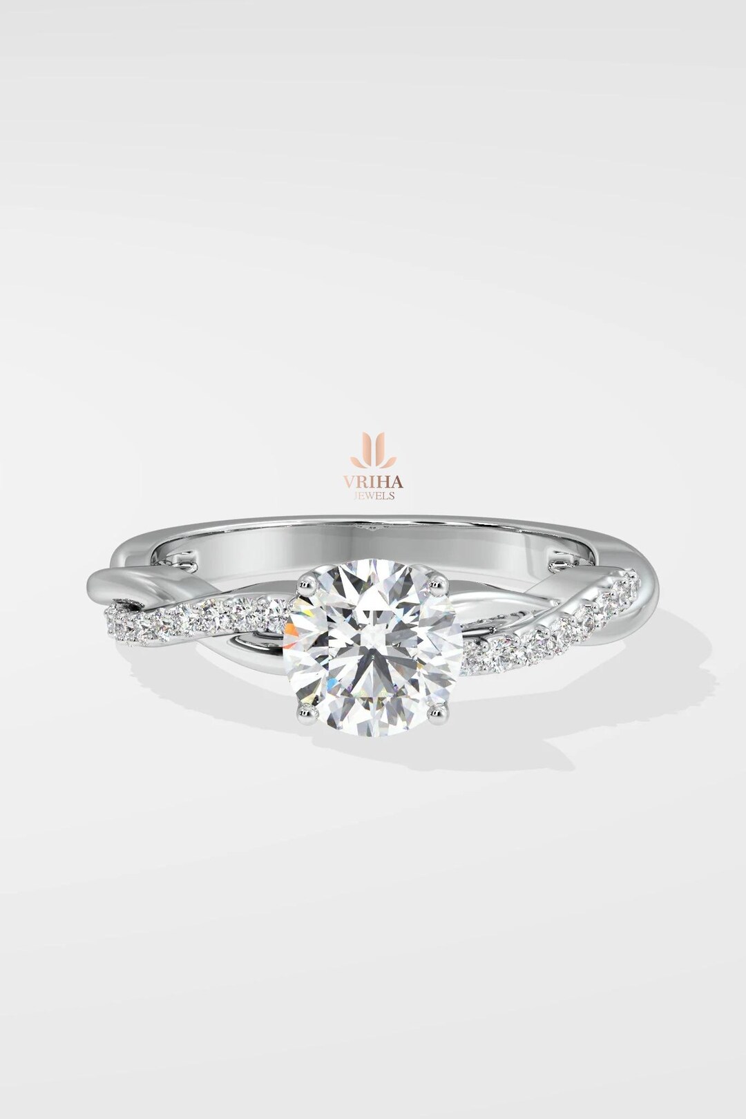Round Cut D-VVS Lab Grown Diamond Twisted Pavé Solitaire Ring, 14K ...