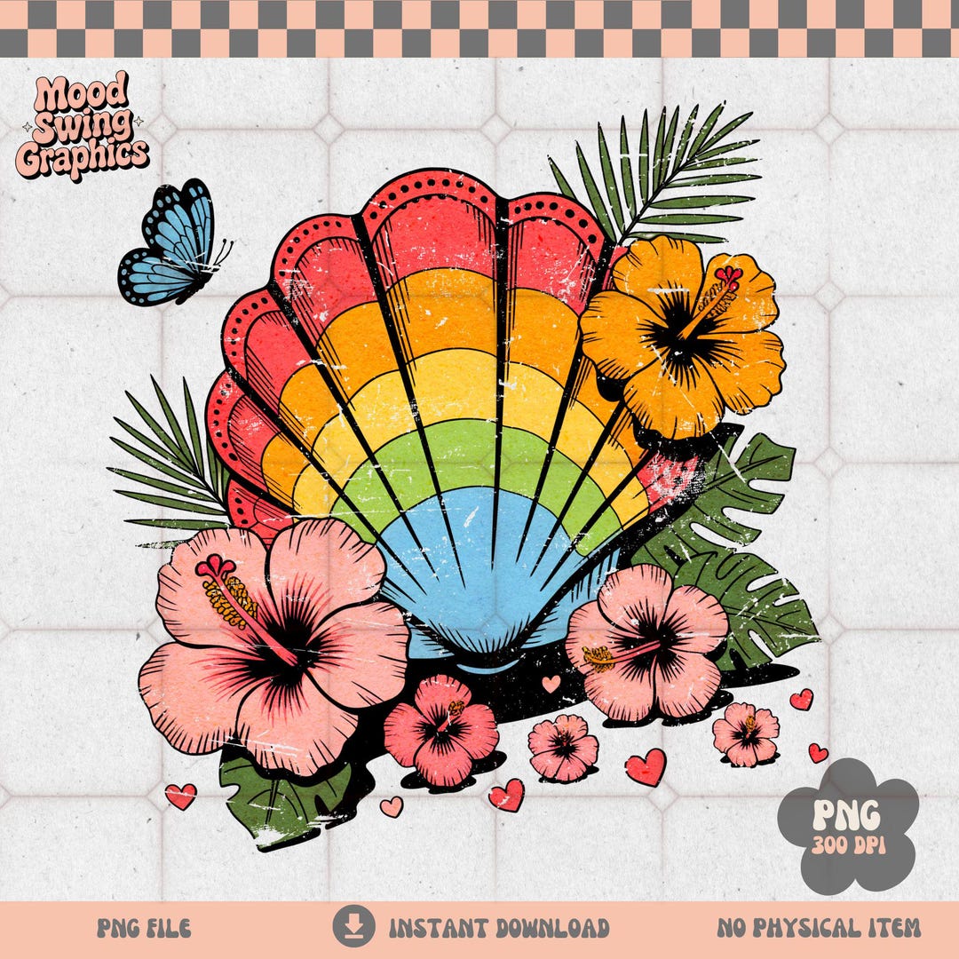 Retro Rainbow Seashell PNG, Tropical Hibiscus Flower With Beach ...