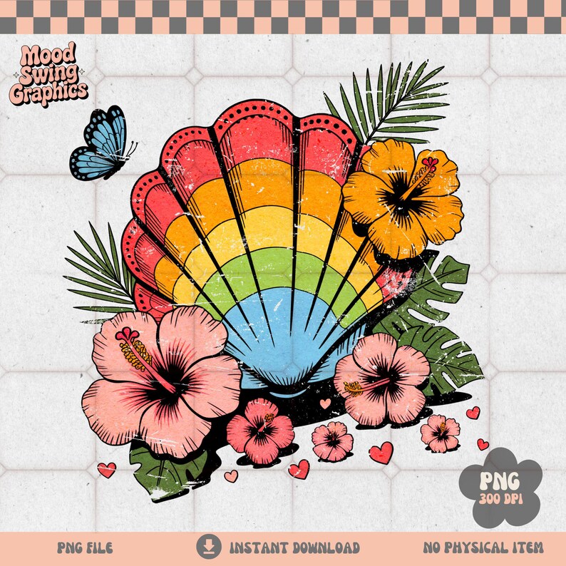 Retro Rainbow Seashell PNG, Tropical Hibiscus Flower With Beach ...