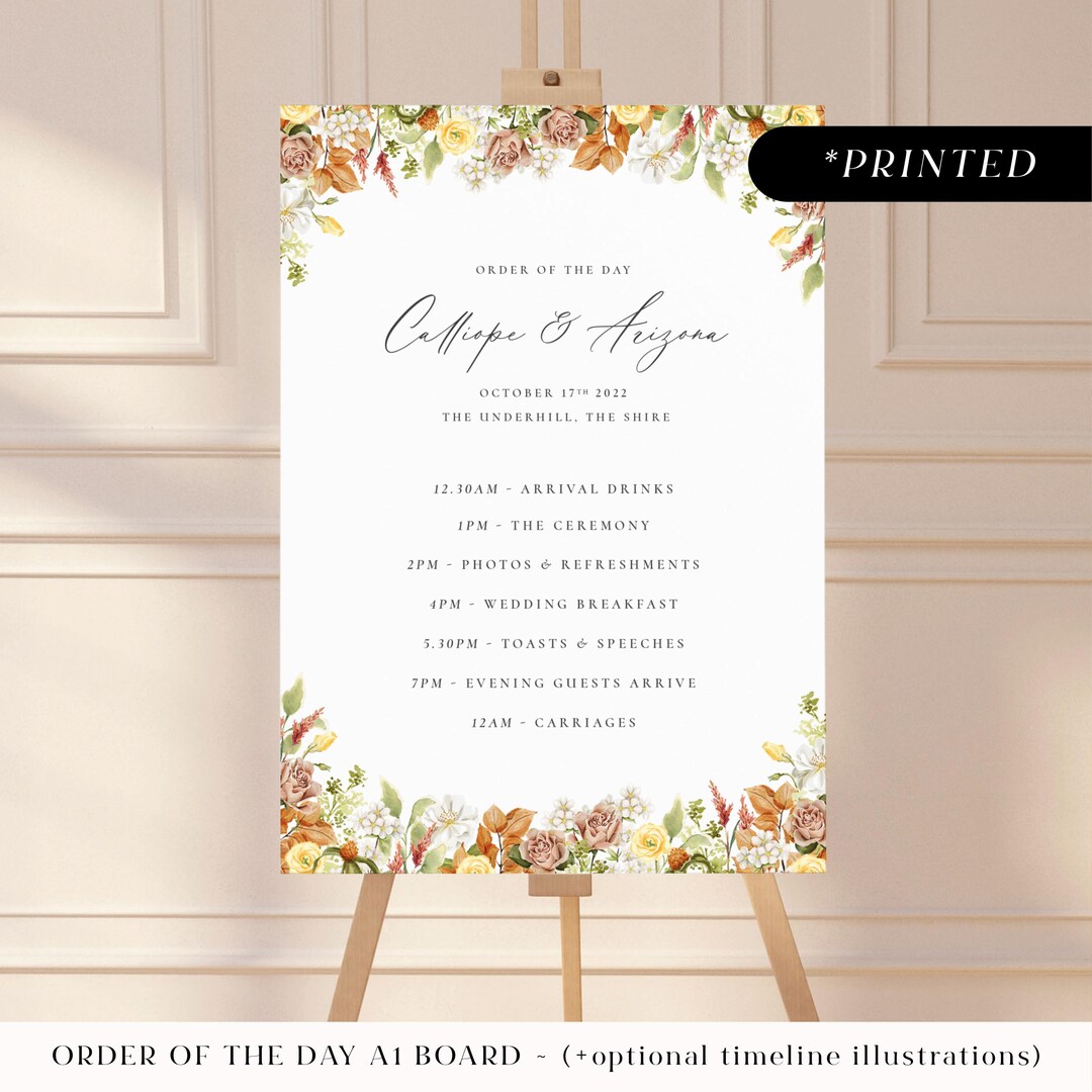 Autumn Floral Wedding Order of the Day. Large A1 Timeline Board. Fall ...