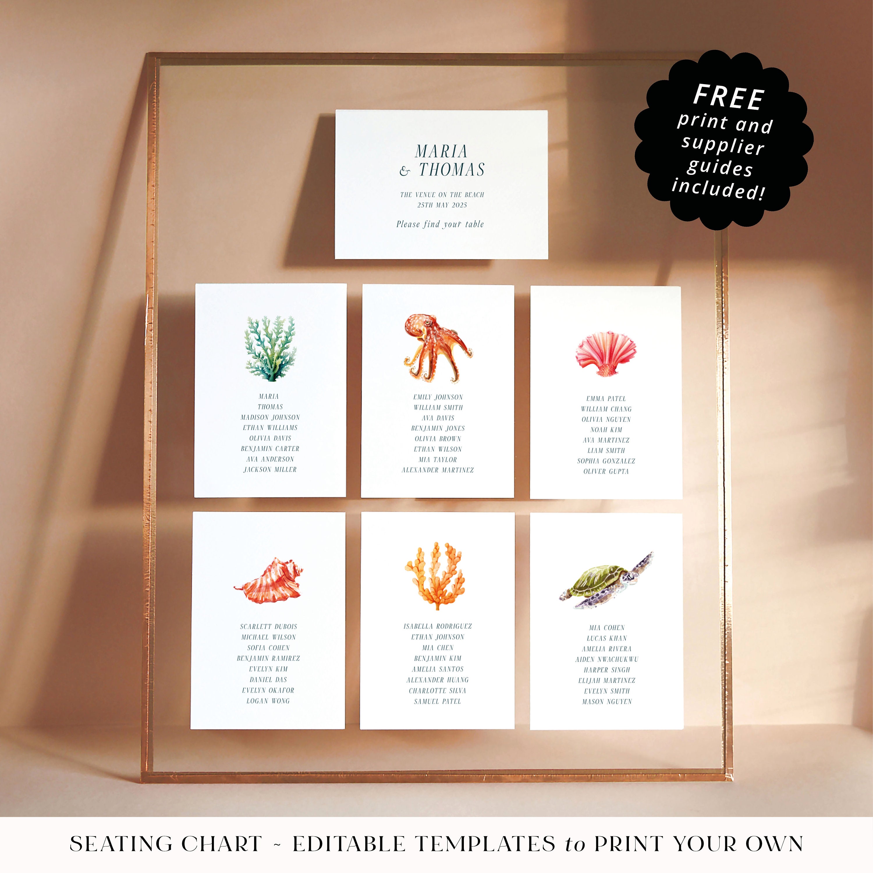 Editable Wedding Table Plan Cards. Small Sealife Seating Chart Cards ...