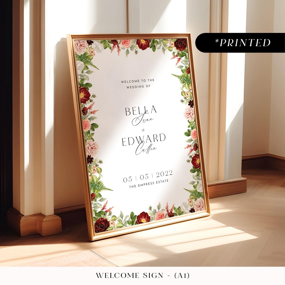 Blush Pink & Deep Burgundy Large Wedding Welcome Sign, Romantic Floral ...