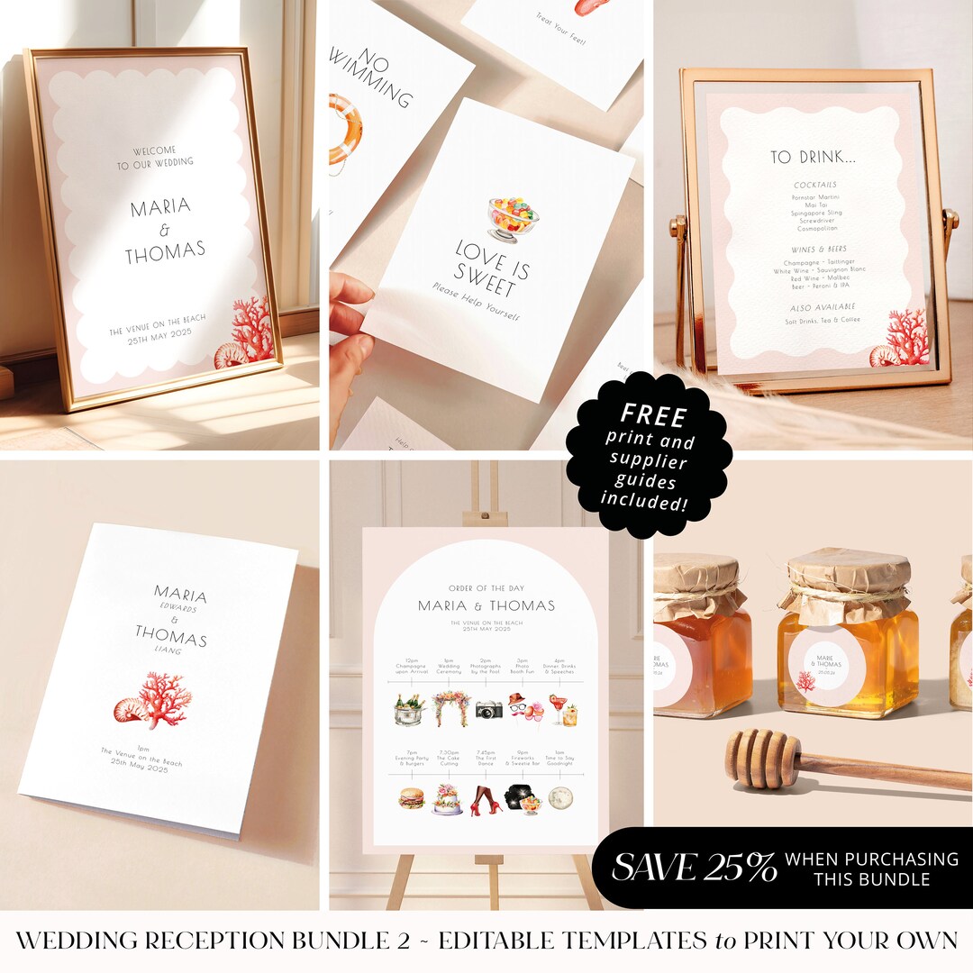 Reception Signage & Favour Sticker Template Bundle. Editable, Printable ...